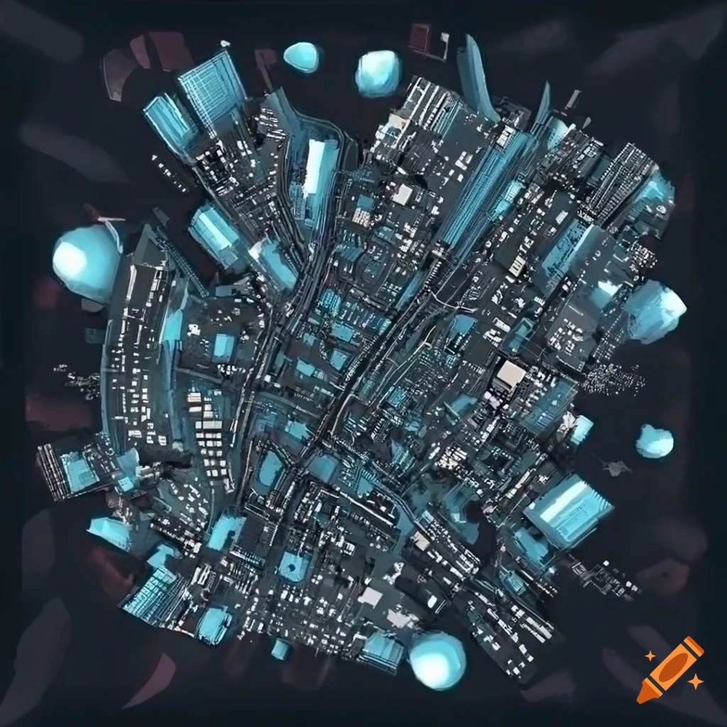 Full futuristic city map of a big city with separated districts, top view, dark, vector art, no ...