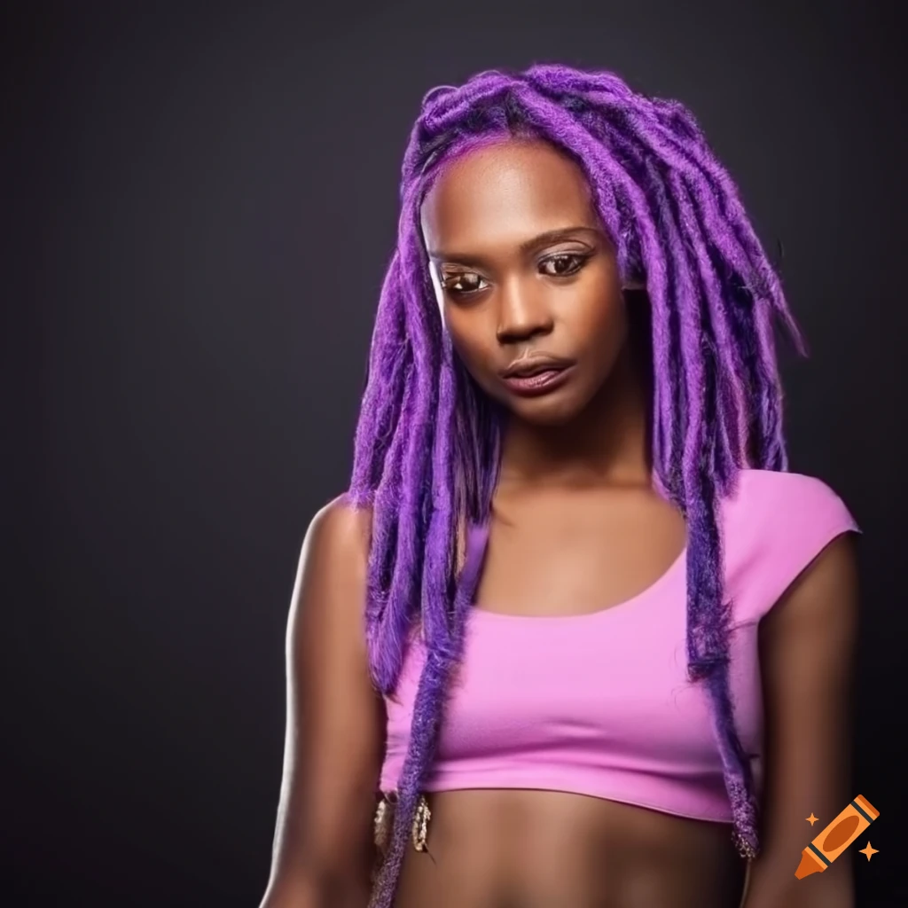 Black woman with violet dreadlocks with a black background on Craiyon