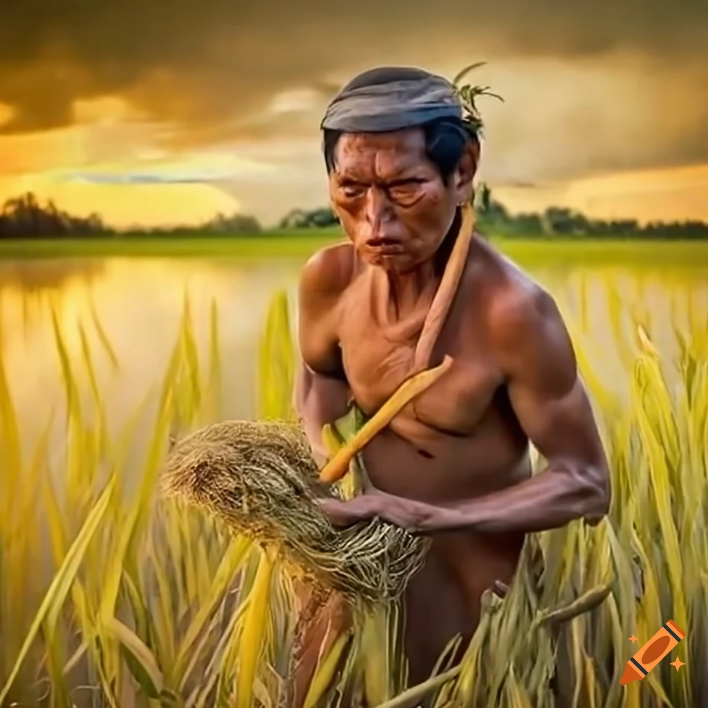 Igorot Farmers work diligently, cutting the rice stalks and gathering them in bundles on Craiyon