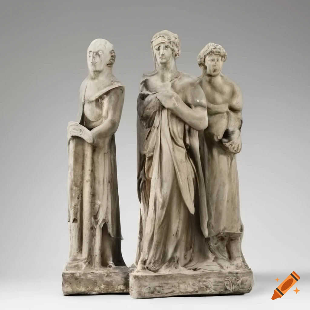 A gothic stone statue depicting three men, middle one with a sword on ...