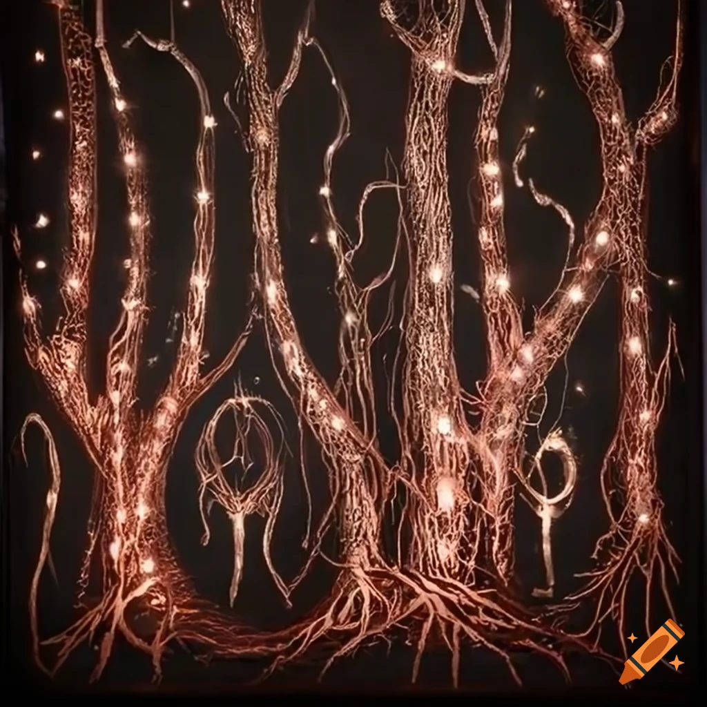Magic forest with stick lights and metallic copper and silver roots ...
