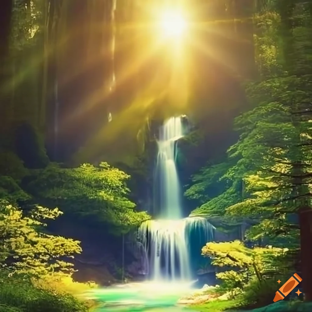 Forest, mountains, water, sun, waterfall on Craiyon