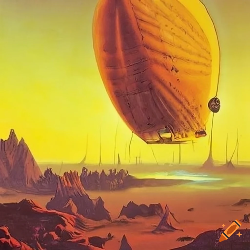 70s sci fi yellow zeppelin art
