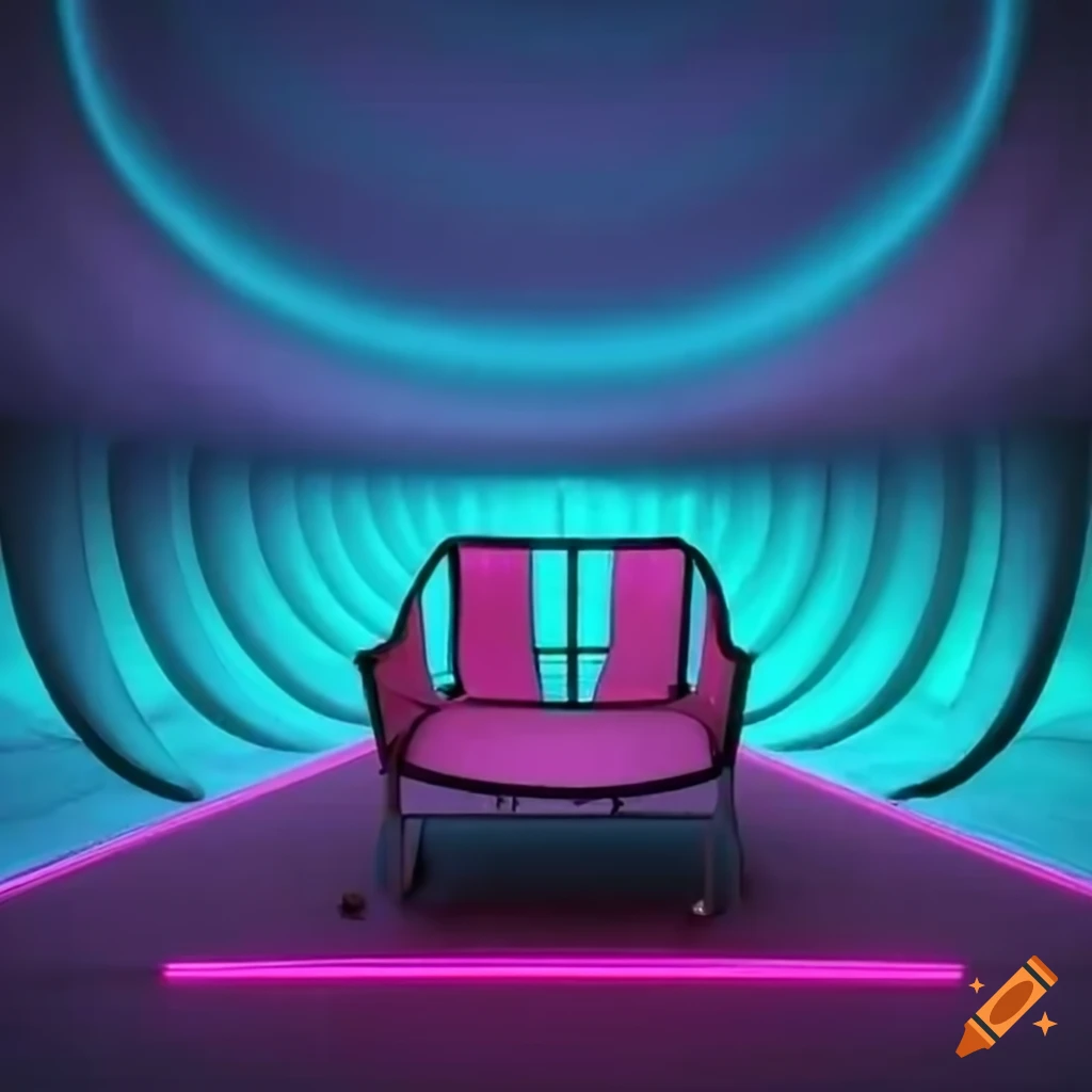 Camping relaxing chair under a neon synth wave pavilion