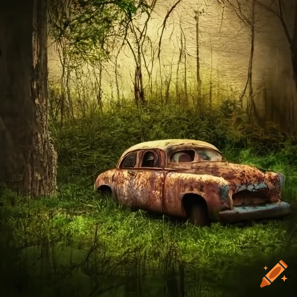 A photorealistic rusty old car overgrown with plants on Craiyon
