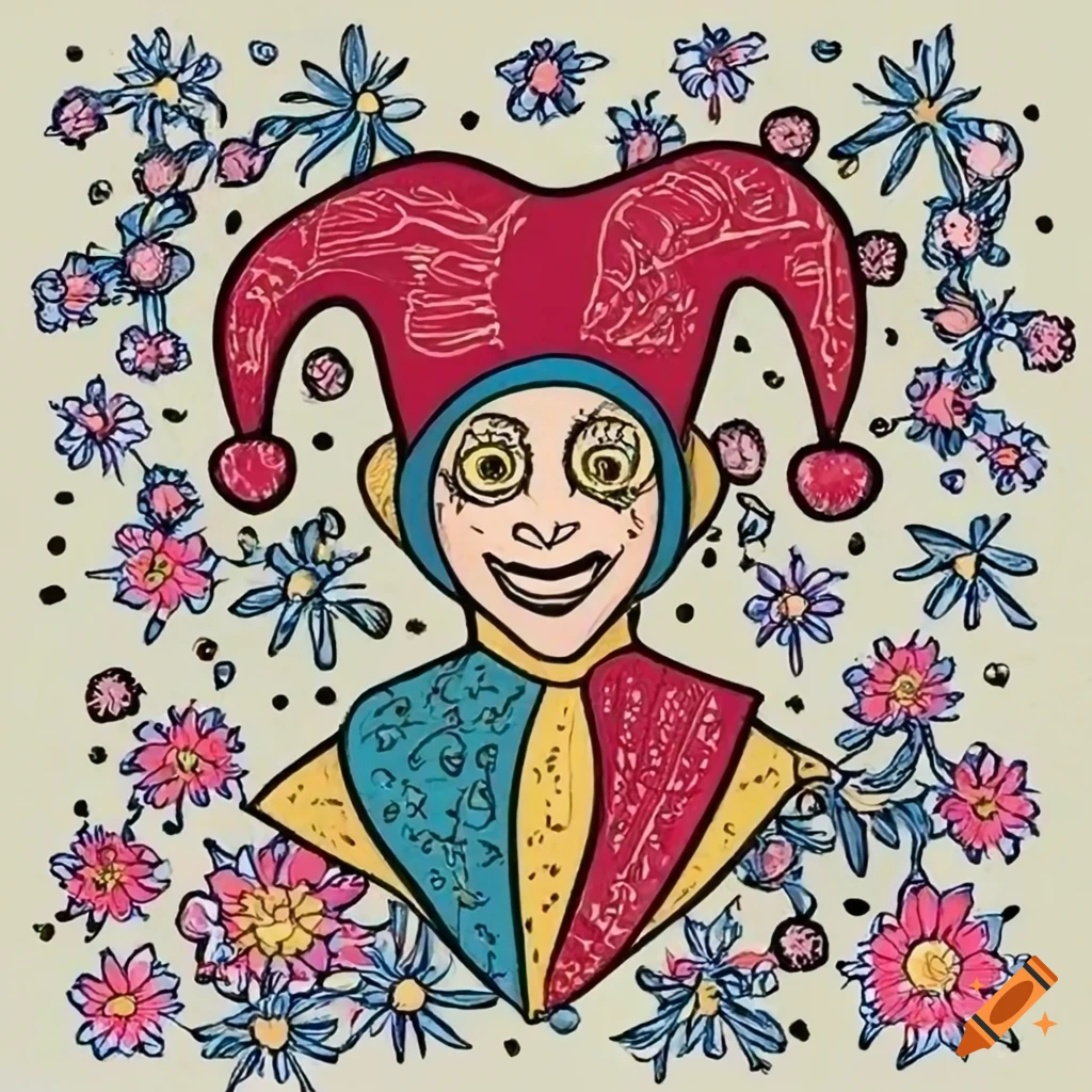 Hand drawn book cover design of a jester covered in flowers