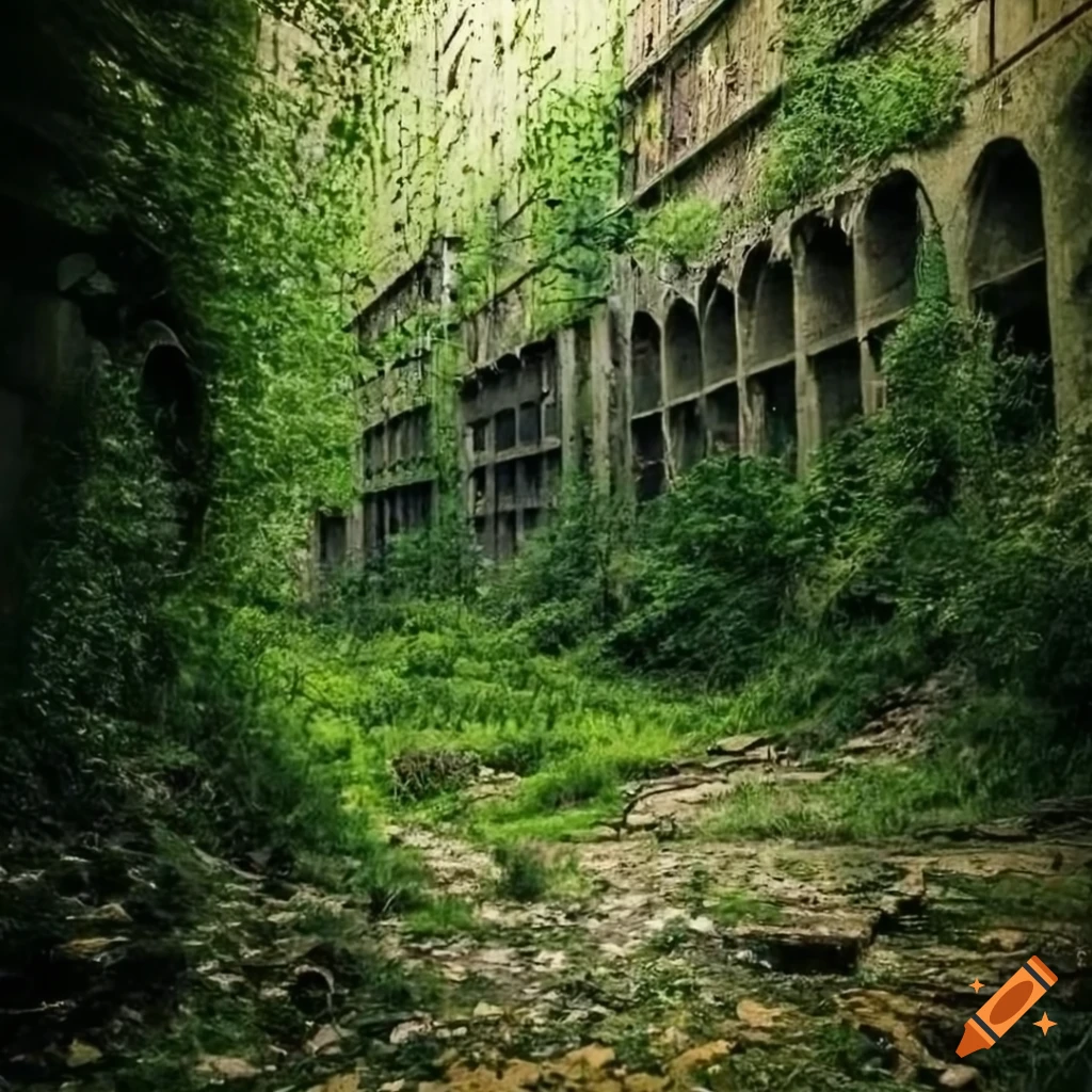 Detailed overgrown rainy forgotten sunlit ancient abandoned greebeled ...