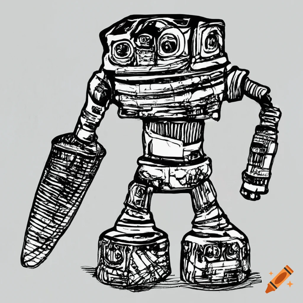 Junk robot black and white ink engraving line art sketch drawing in ...