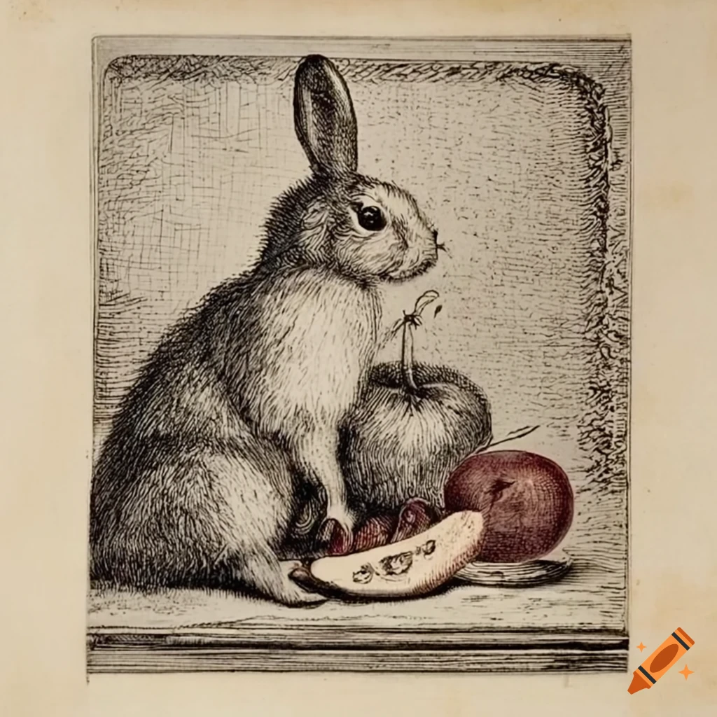 1800s still life etching of a rabbit with fruit