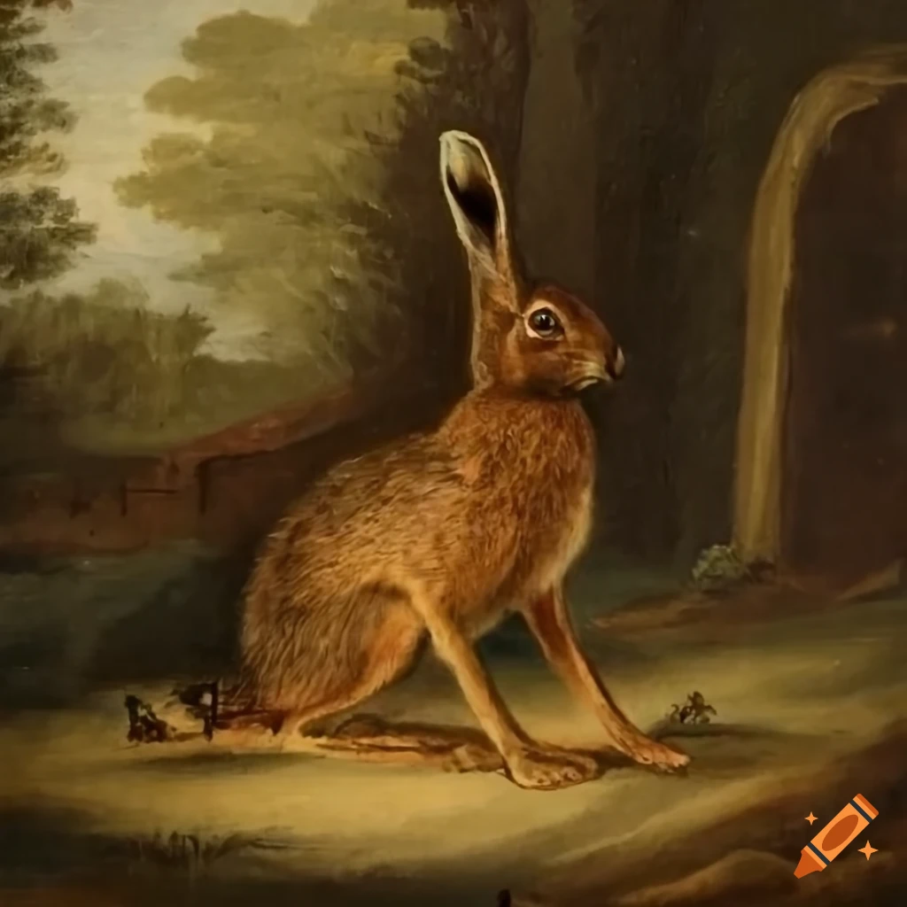 1800s oil painting of a brown hare in castle ruins in a forest on Craiyon