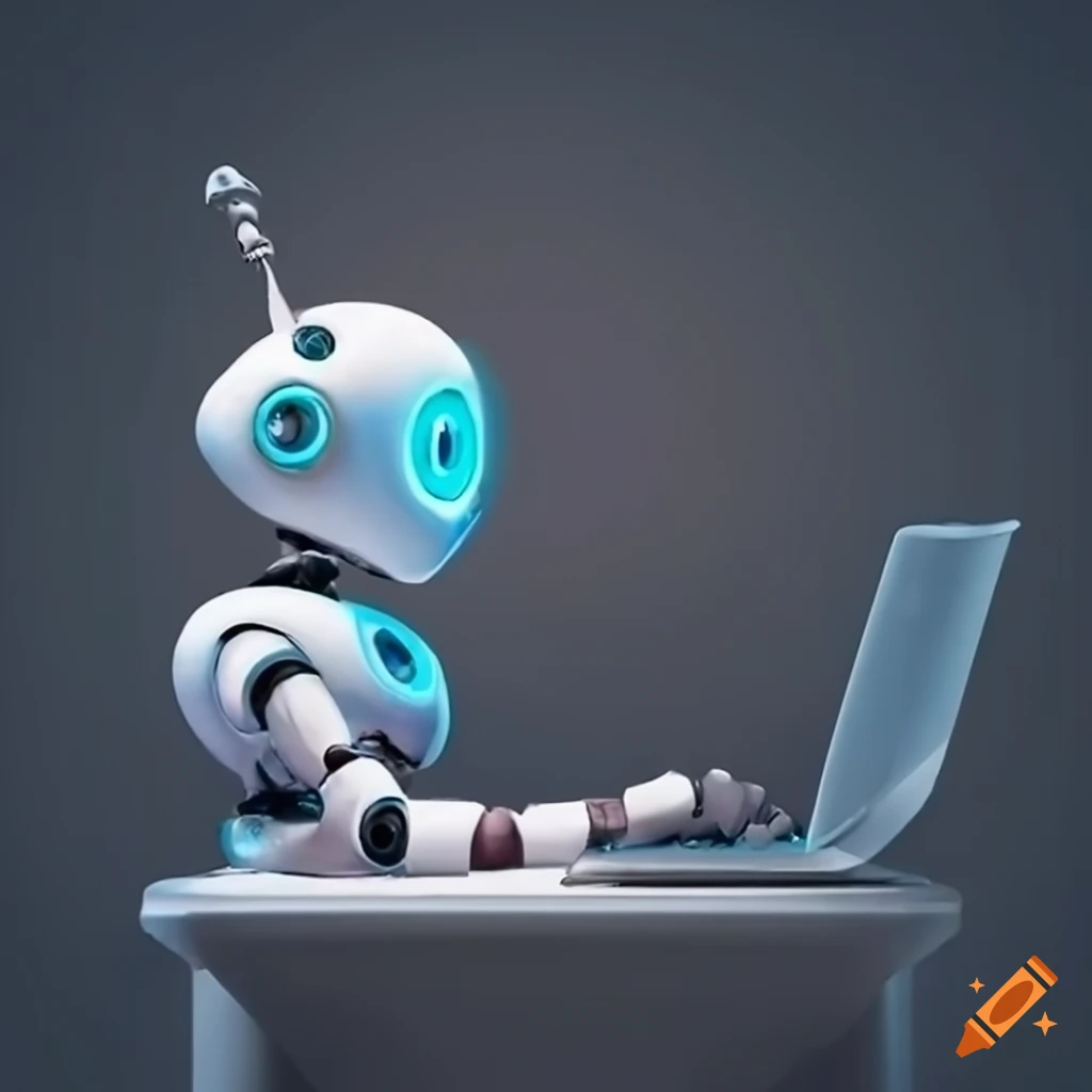 Adorable robot using a computer in hd on Craiyon
