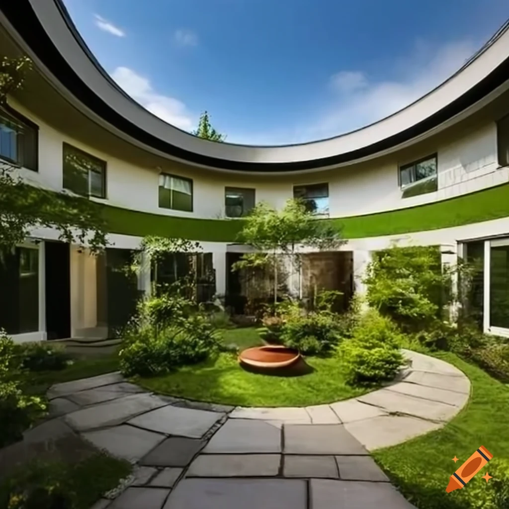 Modest circular home centered around a peaceful courtyard on Craiyon