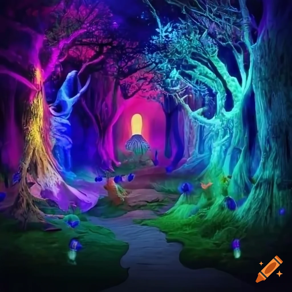 Enchanted forest with eerie glowing trees and bright colored big ...