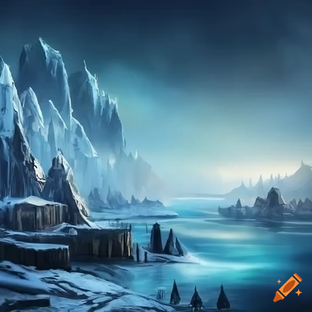 High fantasy frozen coastal trade city mountains