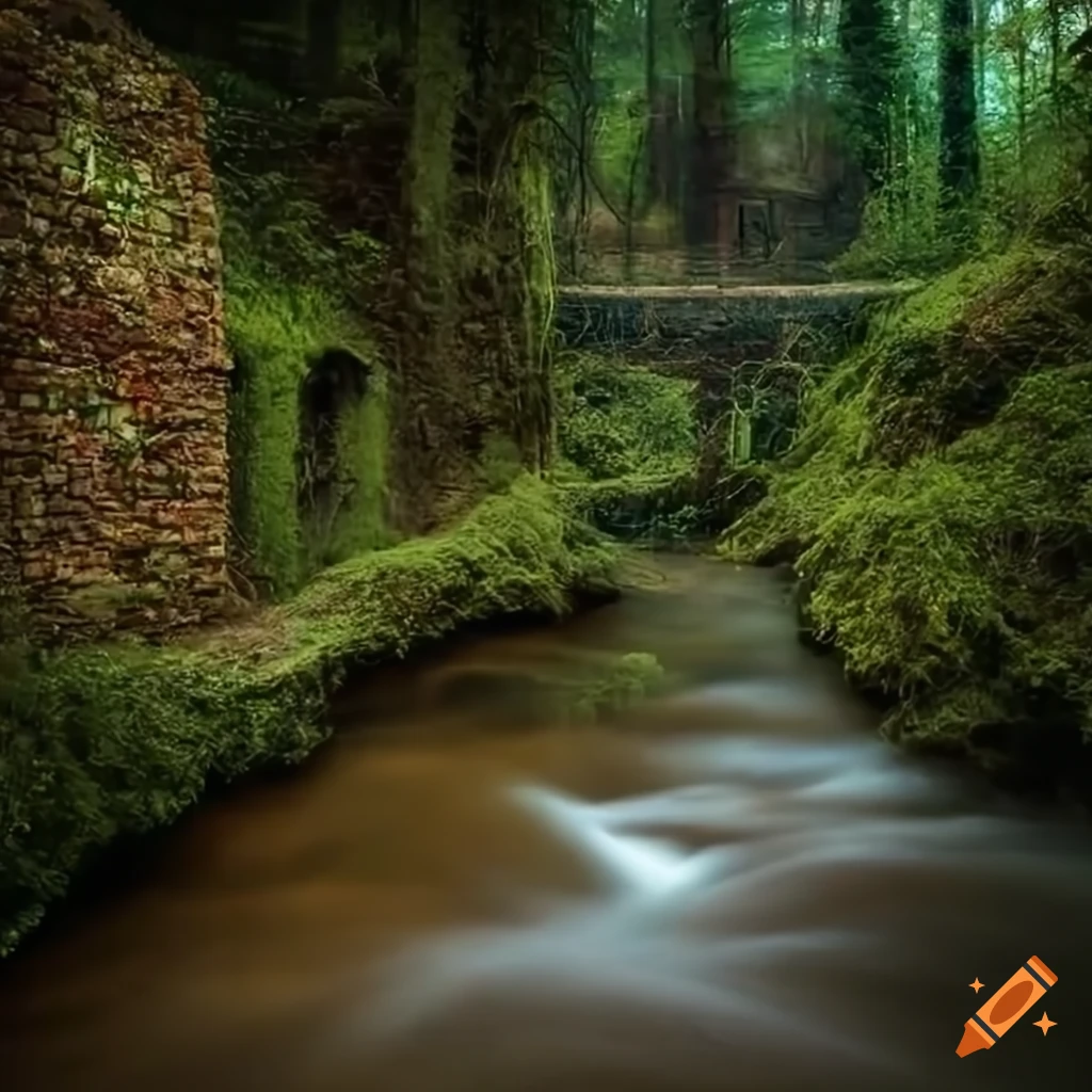 A peaceful mechanical forest with a river flowing through it and ...