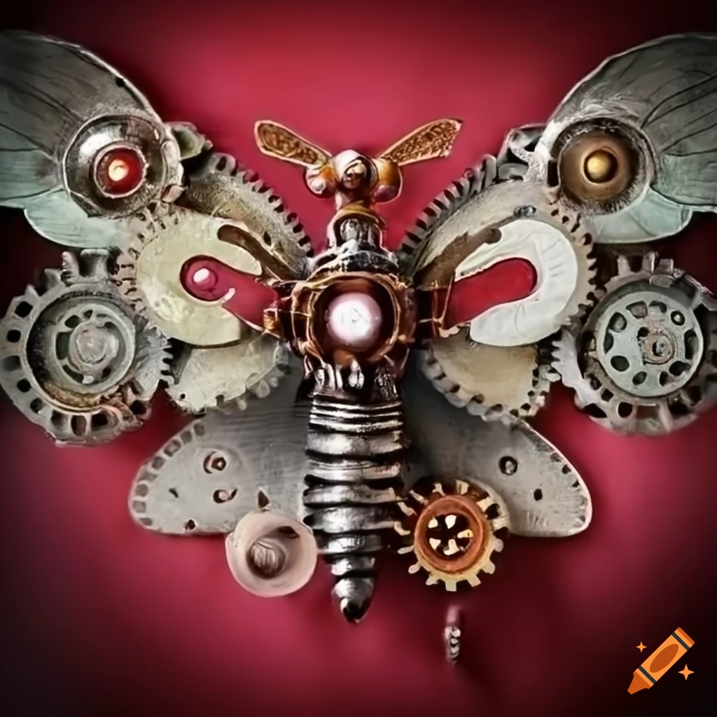 Steampunk mechanical silver moth with six wings and ruby red eyes on ...