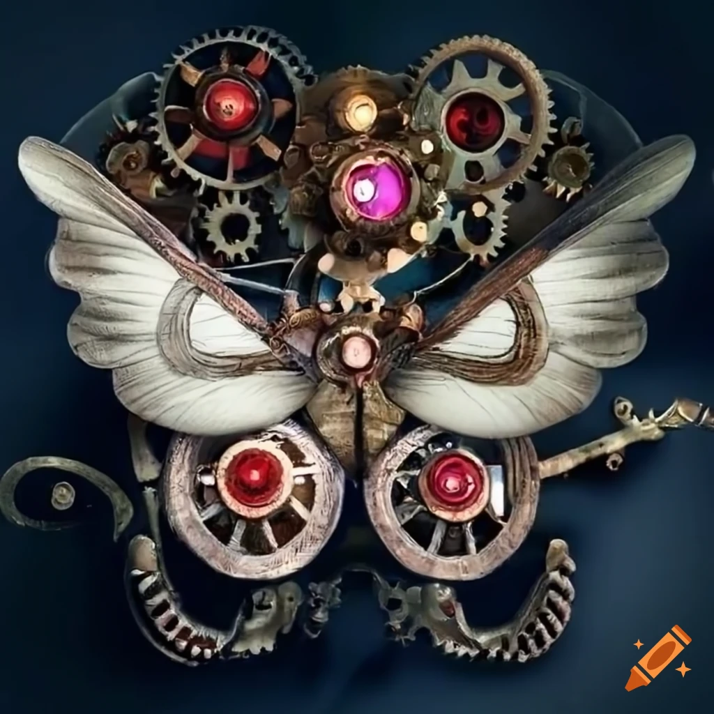 Steampunk mechanical silver moth with six wings and ruby red eyes