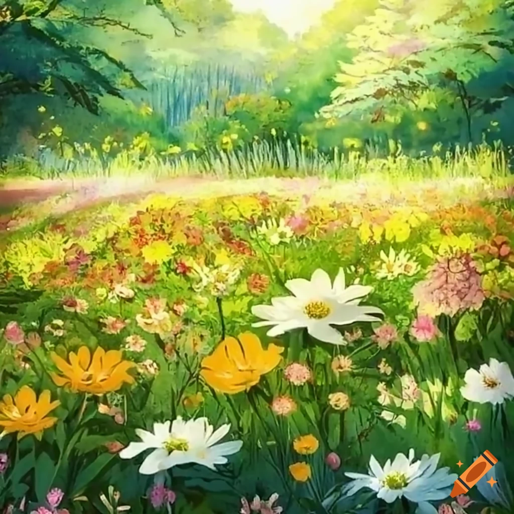 Forest clearing, lots of trees, details, dense, flowers field