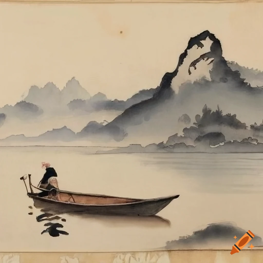 A chinese ink painting. in the distance there is a mountain and a small ...