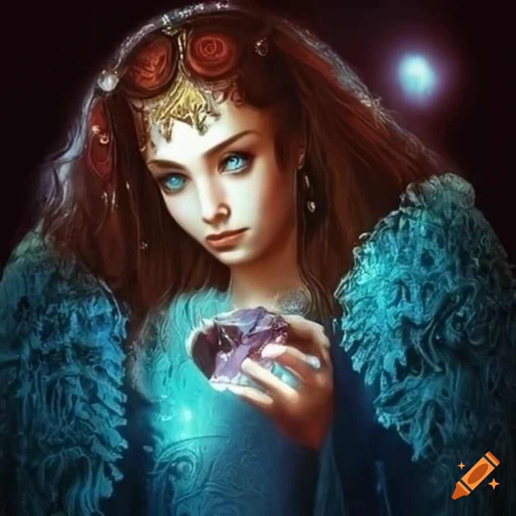 Medieval girl, fantasy, holding crystal, labyrinth, fantasy film 80s