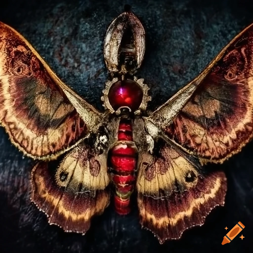 Steampunk moth with six mechanical wings and ruby red eyes