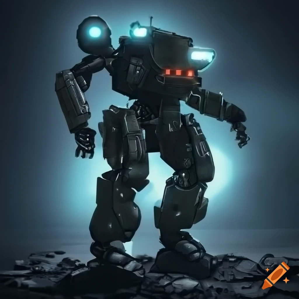 Scifi robot mech with gun and leds, dark background, on ground on Craiyon