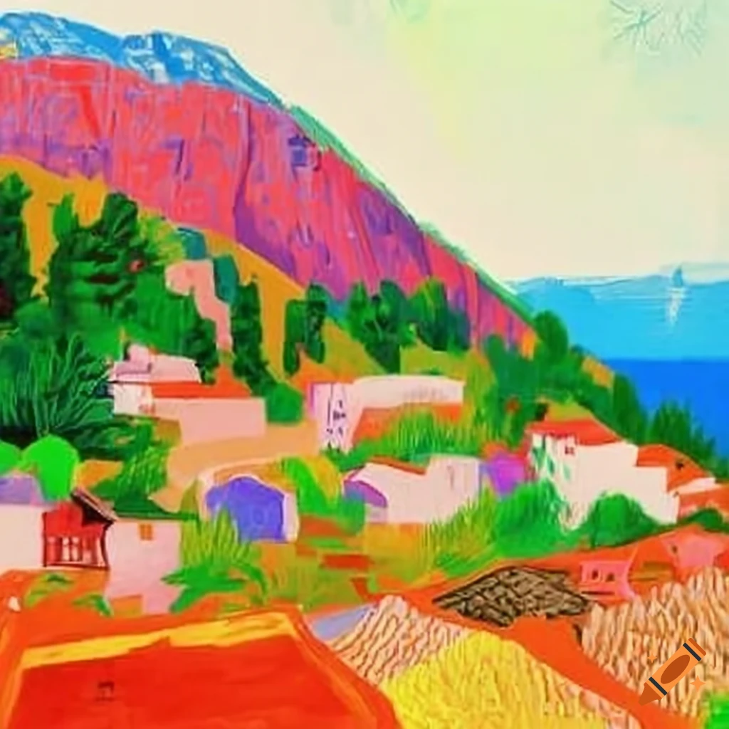 Mountain valley village with aqueduct painting by david hockney