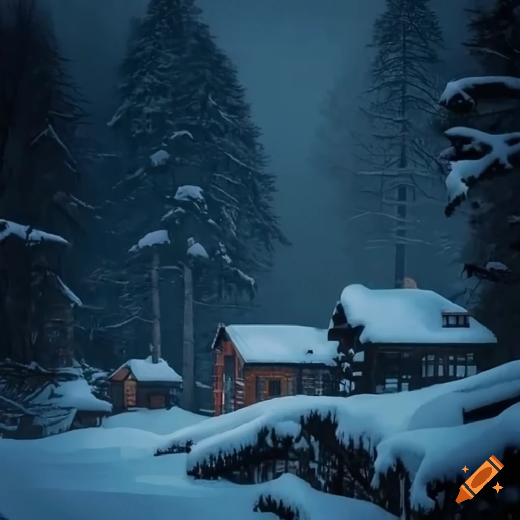 A spooky snowy village in the mountains surrounded by dark woods on Craiyon