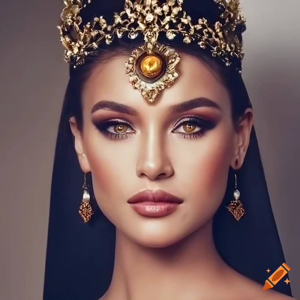 A beautiful young queen with medium skin and brown eyes, high detail ...