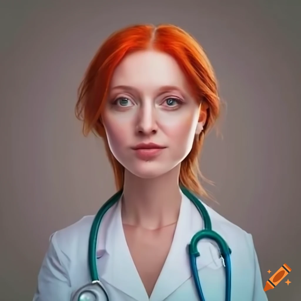 Experienced female doctor with red hair and green eyes