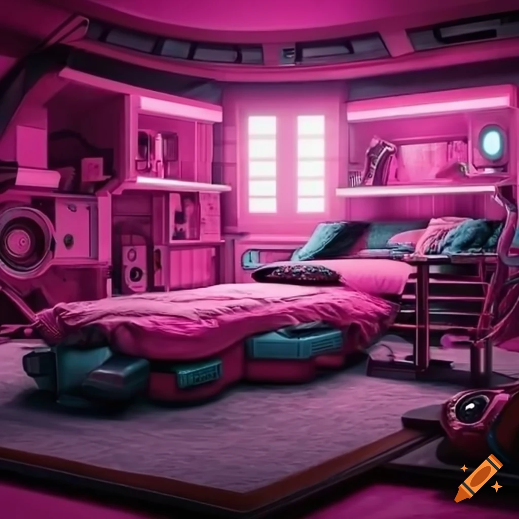 Pink-themed mechanic's bedroom in a futuristic setting on Craiyon