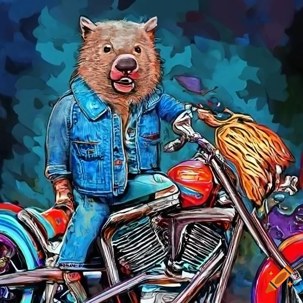 Cartoon drawing of a cool looking Wombat hippie character riding a ...