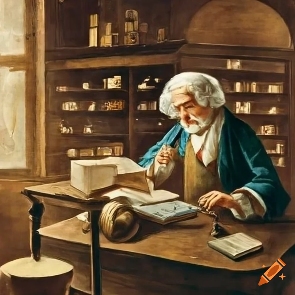 Italian pharmacist of xix century working in his pharmacy on Craiyon