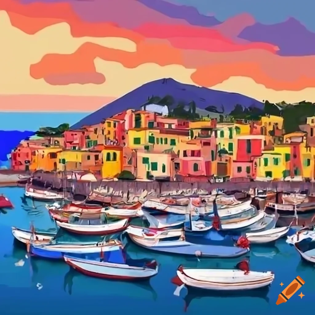 Draw a colorful Italian coastal town by the mountains, with a harbor ...