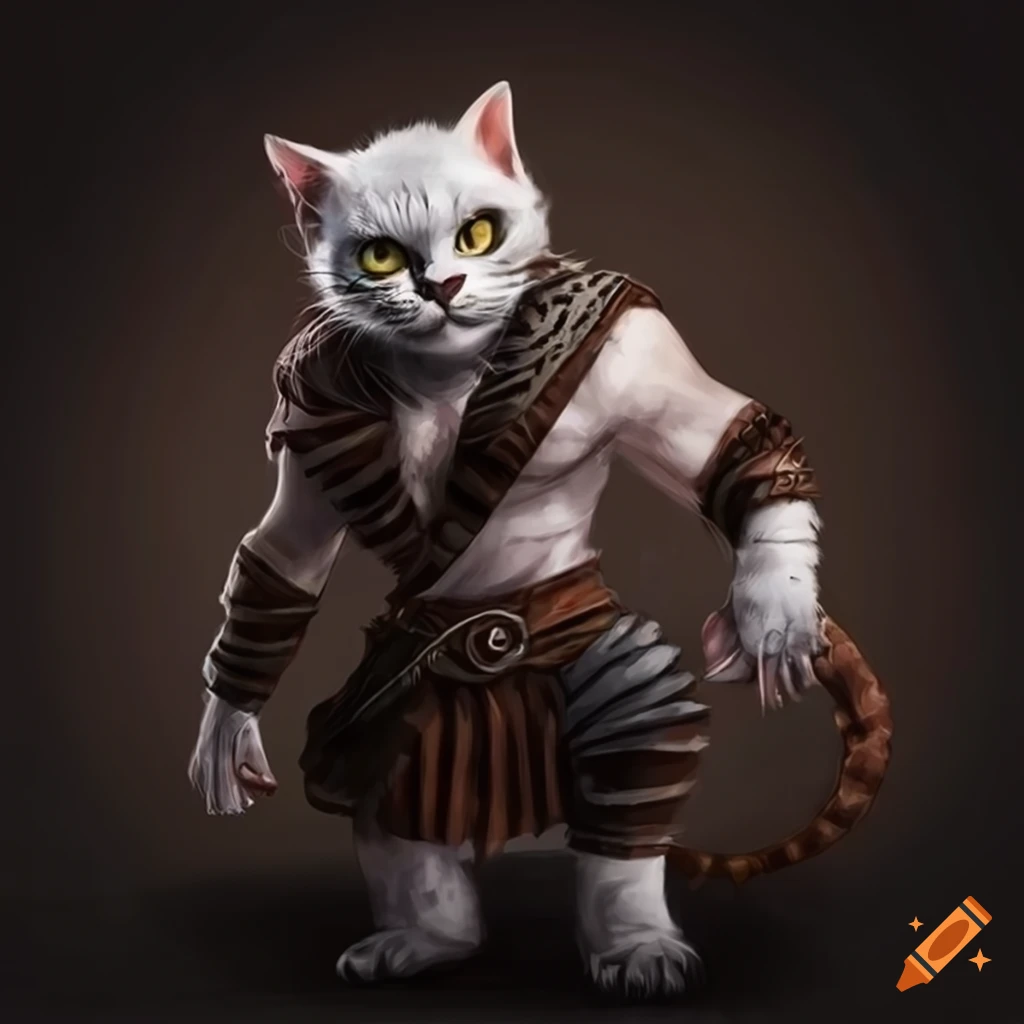 Fantasy black and white male cat character with barbarian costume
