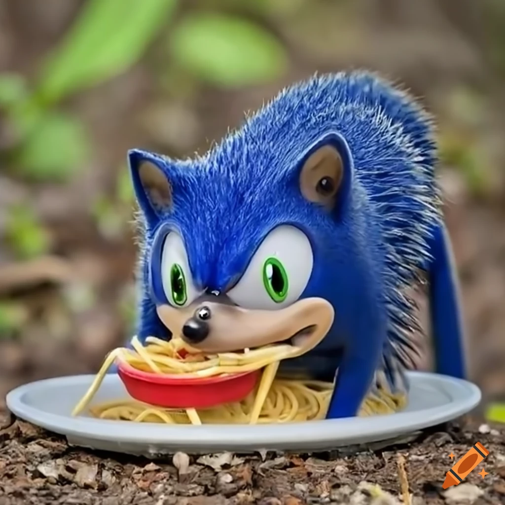 Sonic the hedgehog's eating spaghetti sadly