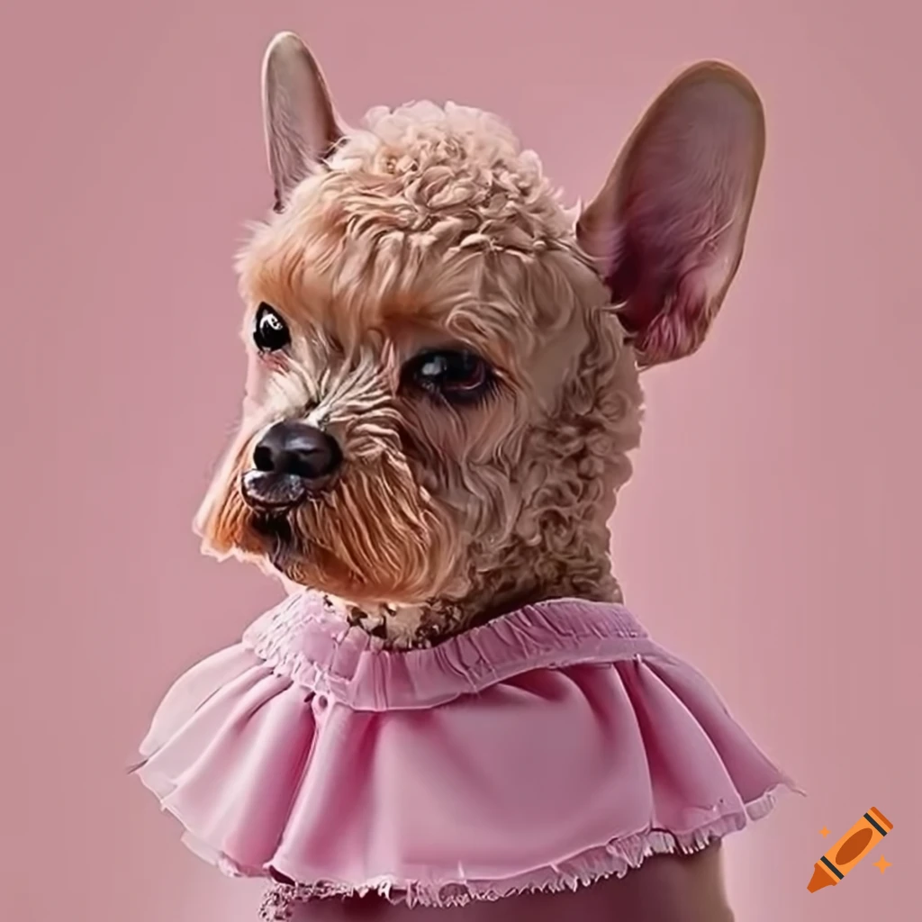 Perro french poodle cafe con vestido rosado