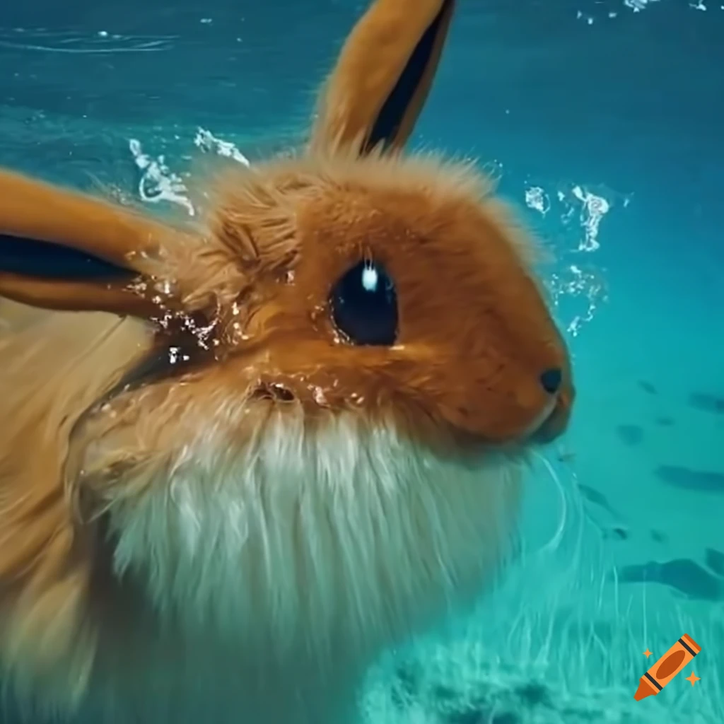 Fluffy eevee with wet fur swimming in water