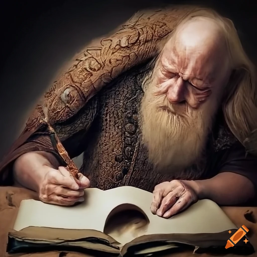 A viking skald writing a book, accurate face, accurate hand, hyper ...
