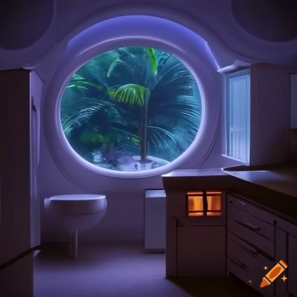 Primitive futuristic , 1990s style kitchen, interior design, sci-fi ...