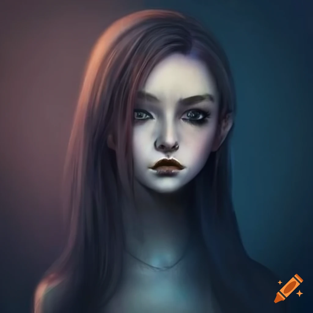 Girl with very pale skin, dark hair, and gold eyes