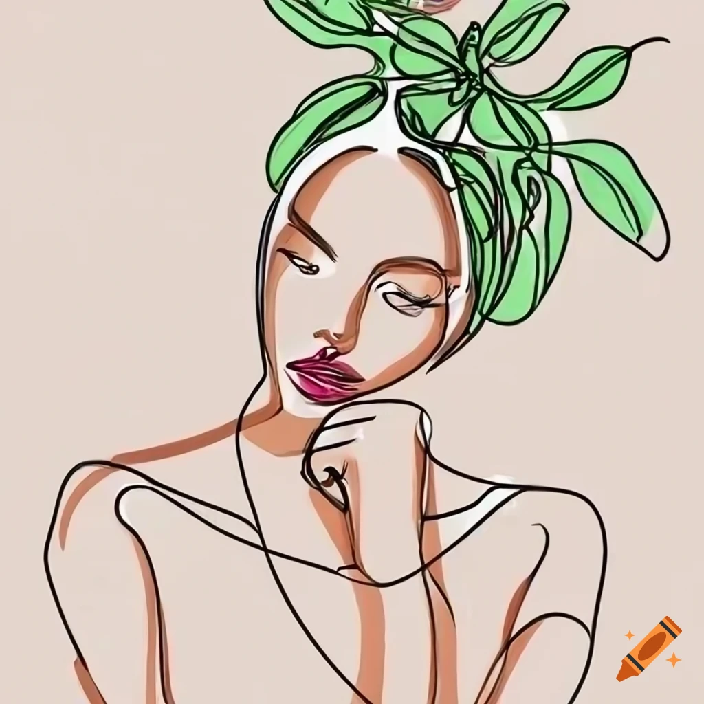 Continuous line drawing of a fashion woman with a plant fascinator on ...