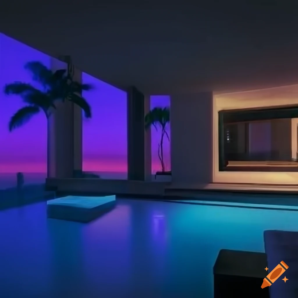 Architectural design, miami vice inspired, 90's home interior, nighttime, ambient lighting ...