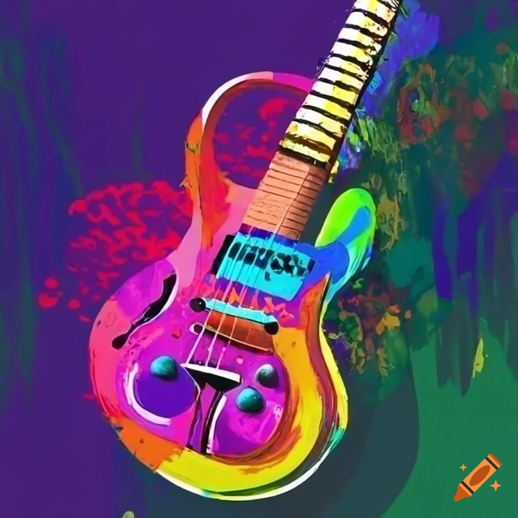 Colorful artwork made of brush strokes featuring musical instruments