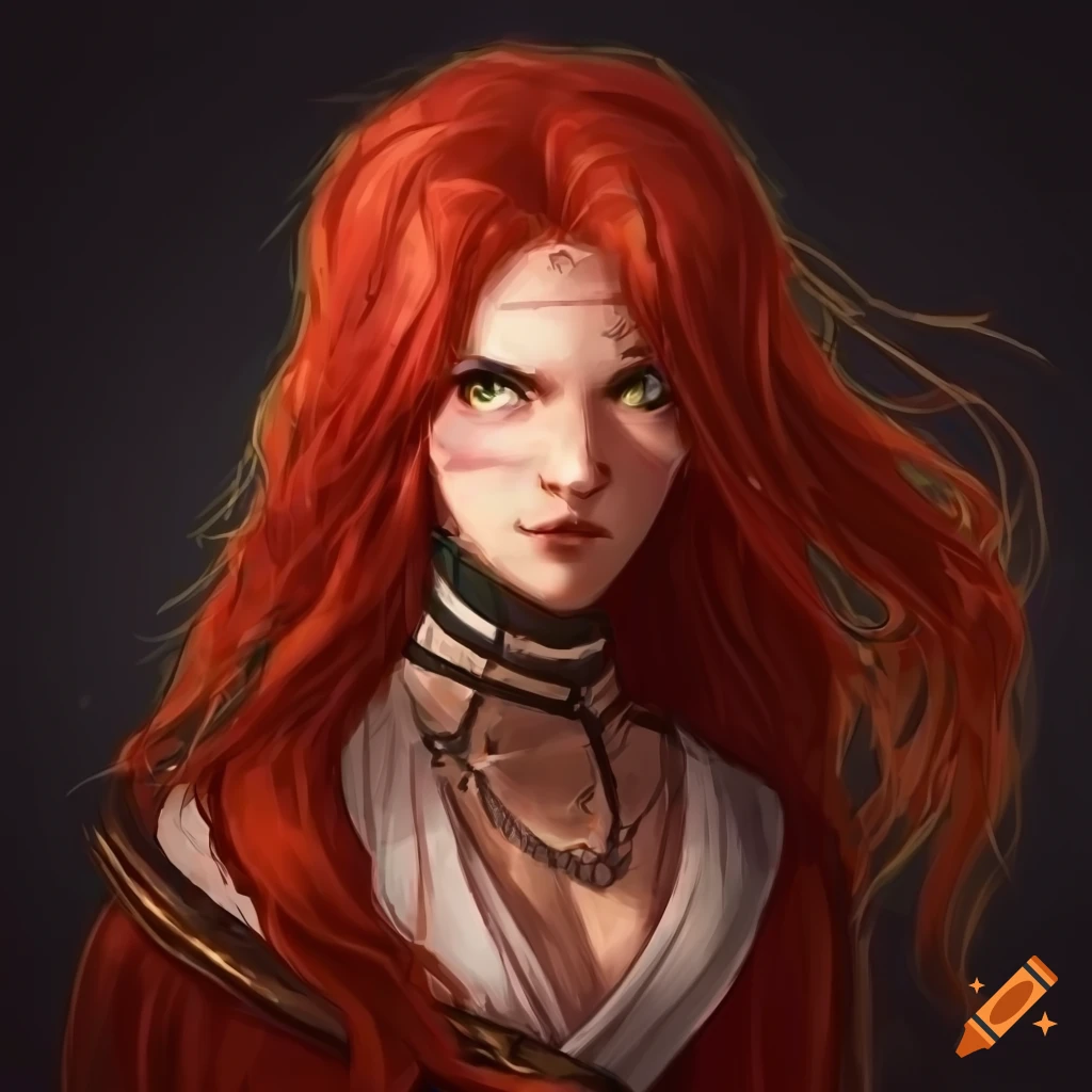 A female red hair kisune in asiatic clothes fantasy art, dnd on Craiyon