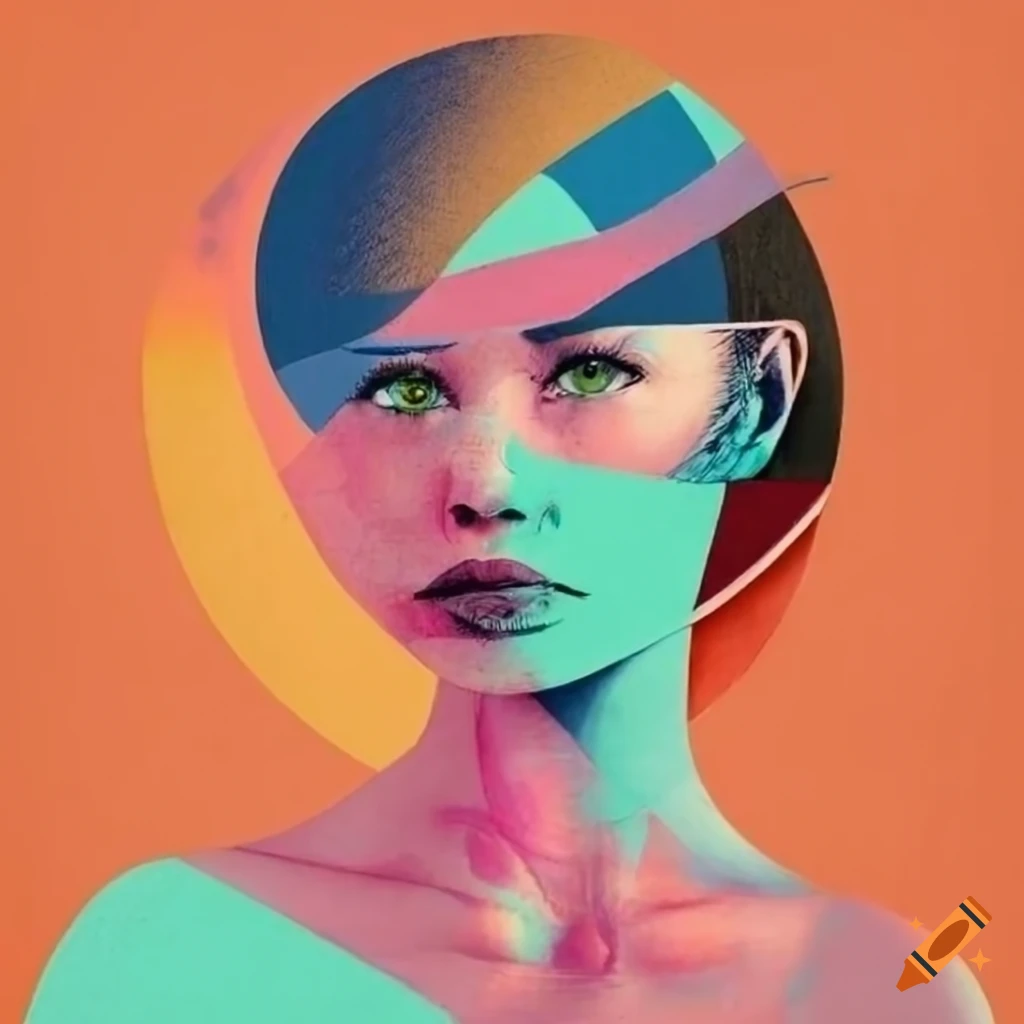 A woman made with mid-century modern collage, made of random shapes cut ...