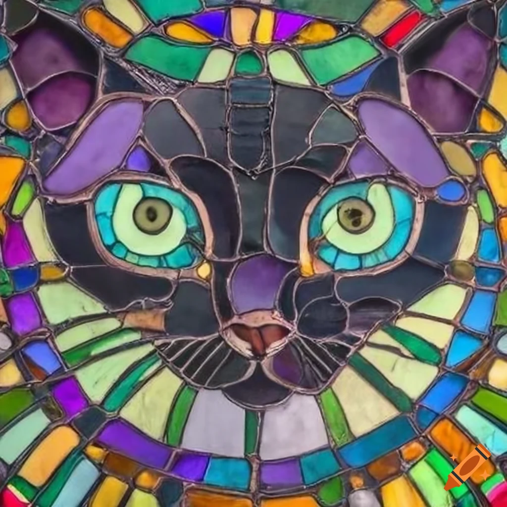 A stained-glass sun window depicting a black cat face on Craiyon