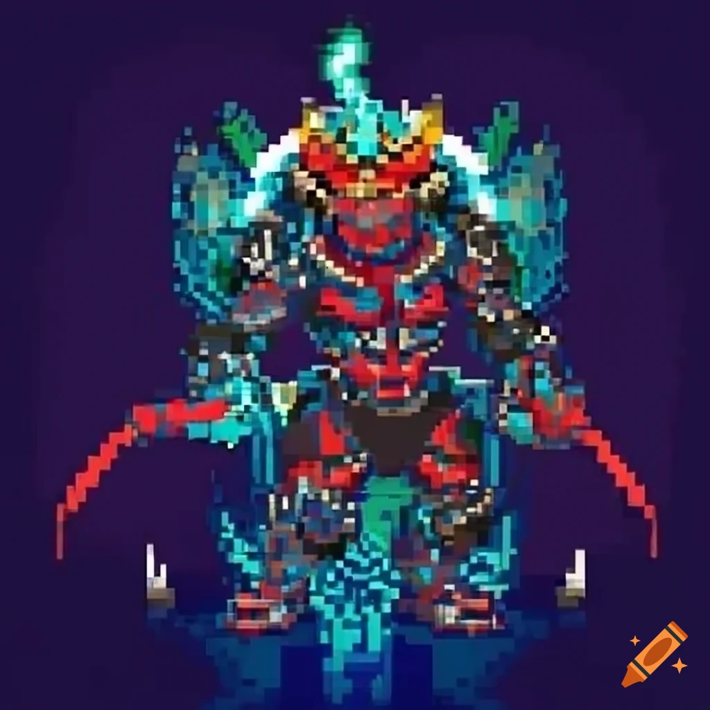 A detailed pixel art of futuristic oni with wings with bright colours ...
