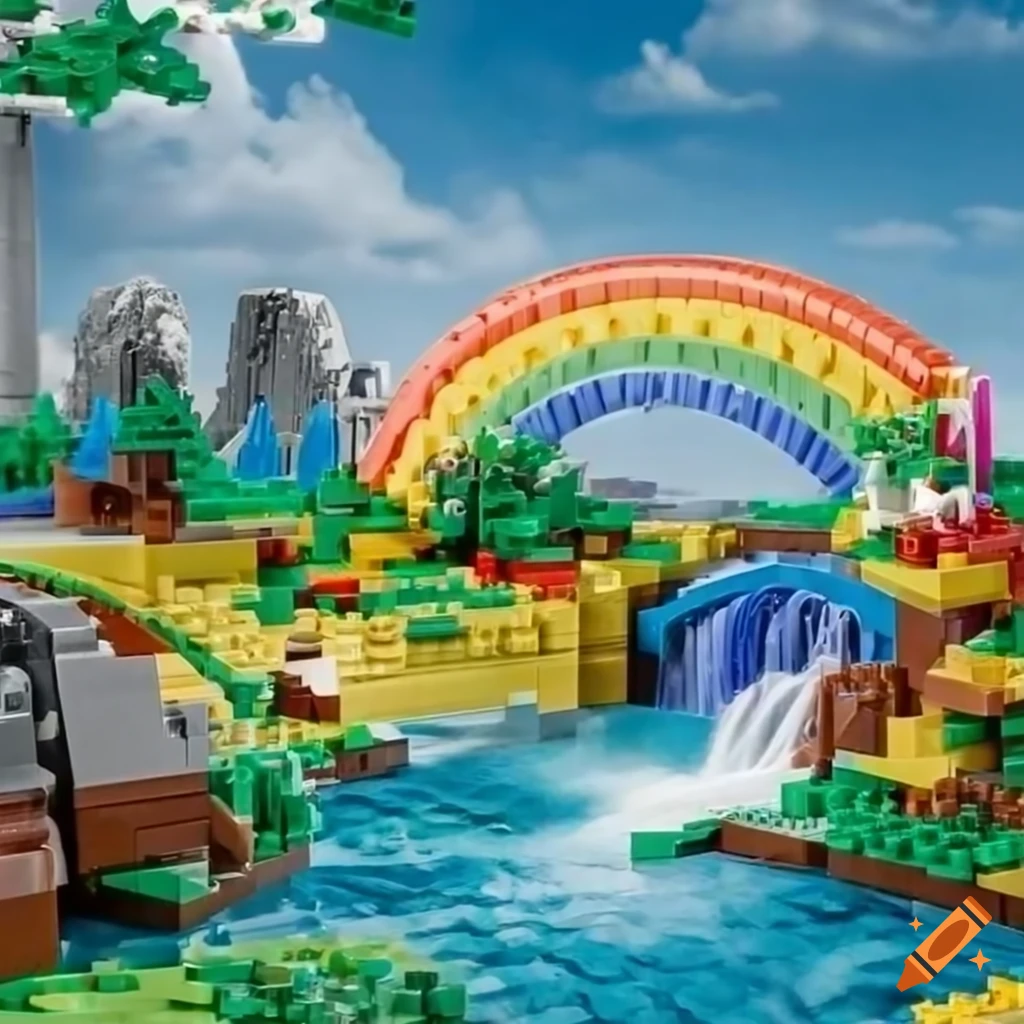 Lego set of a landscape with waterfall and rainbow, product photo