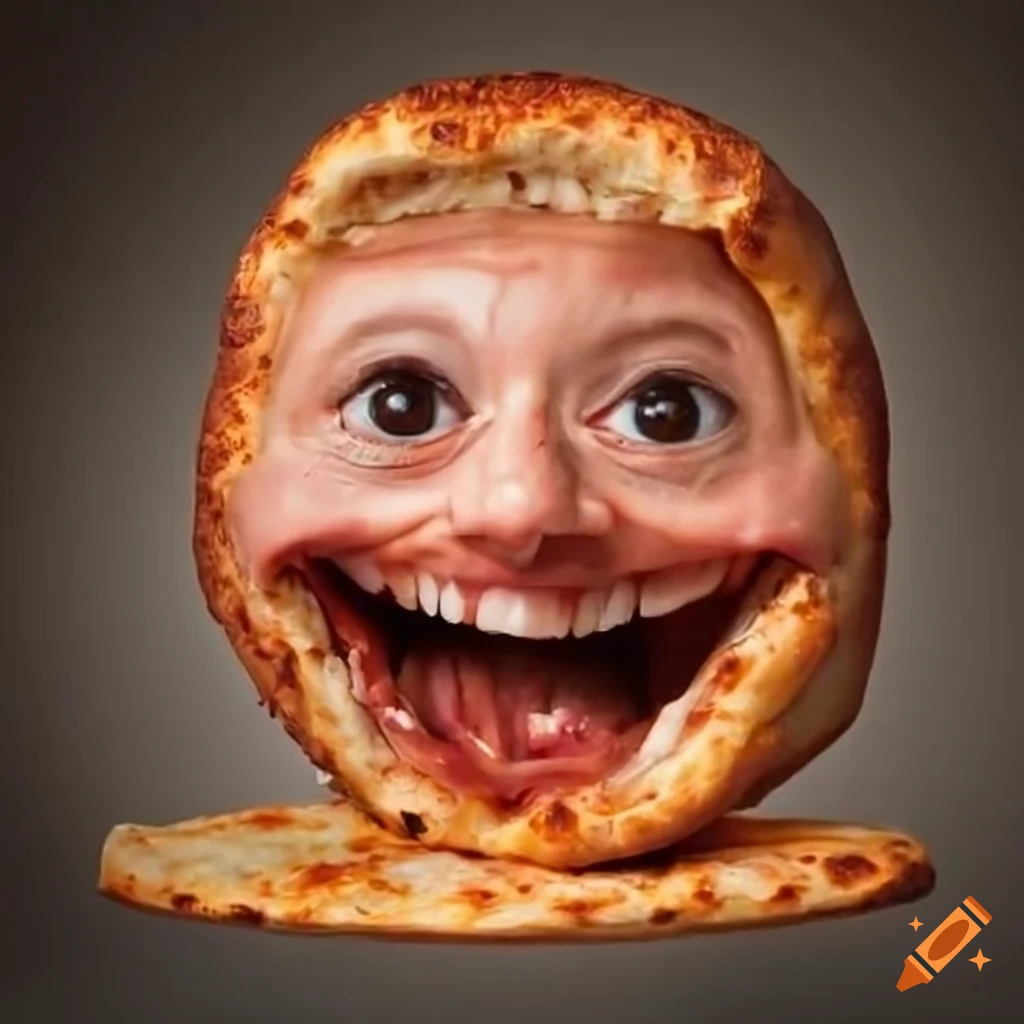 A humanised pizza smiling with open mouth on Craiyon
